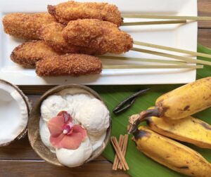 Fried cocoy banana with coconut ice cream - Dominica Gourmet