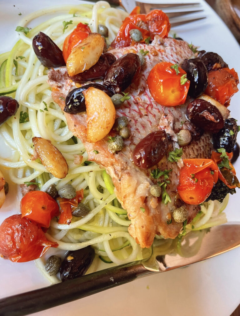 Red snapper fillet with zoodles - Dominica Gourmet